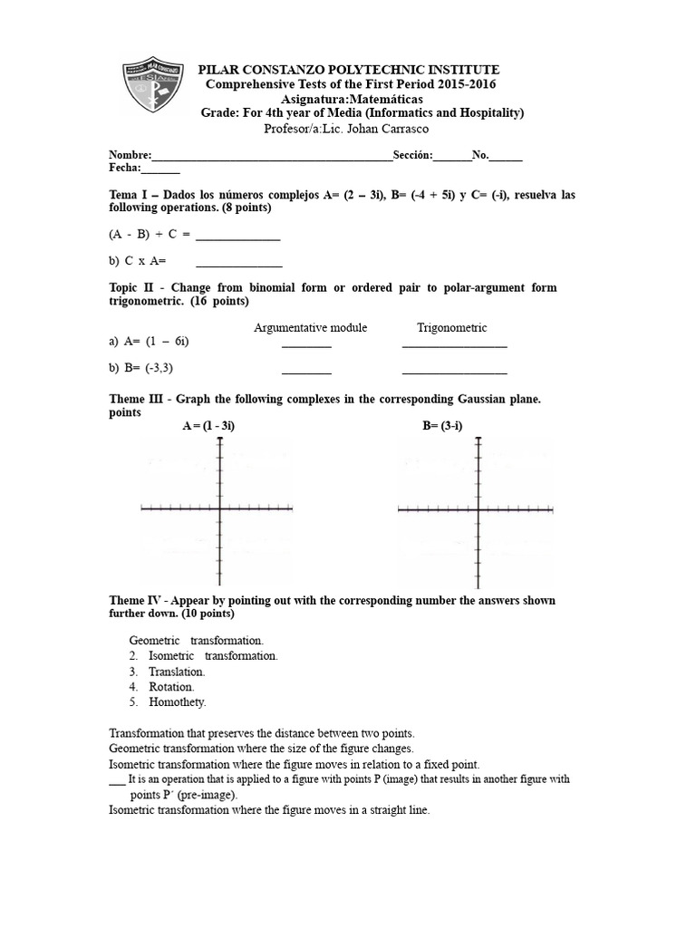 Comprehensive Exam First Semester Mathematics 4th Grade | PDF | Complex ...