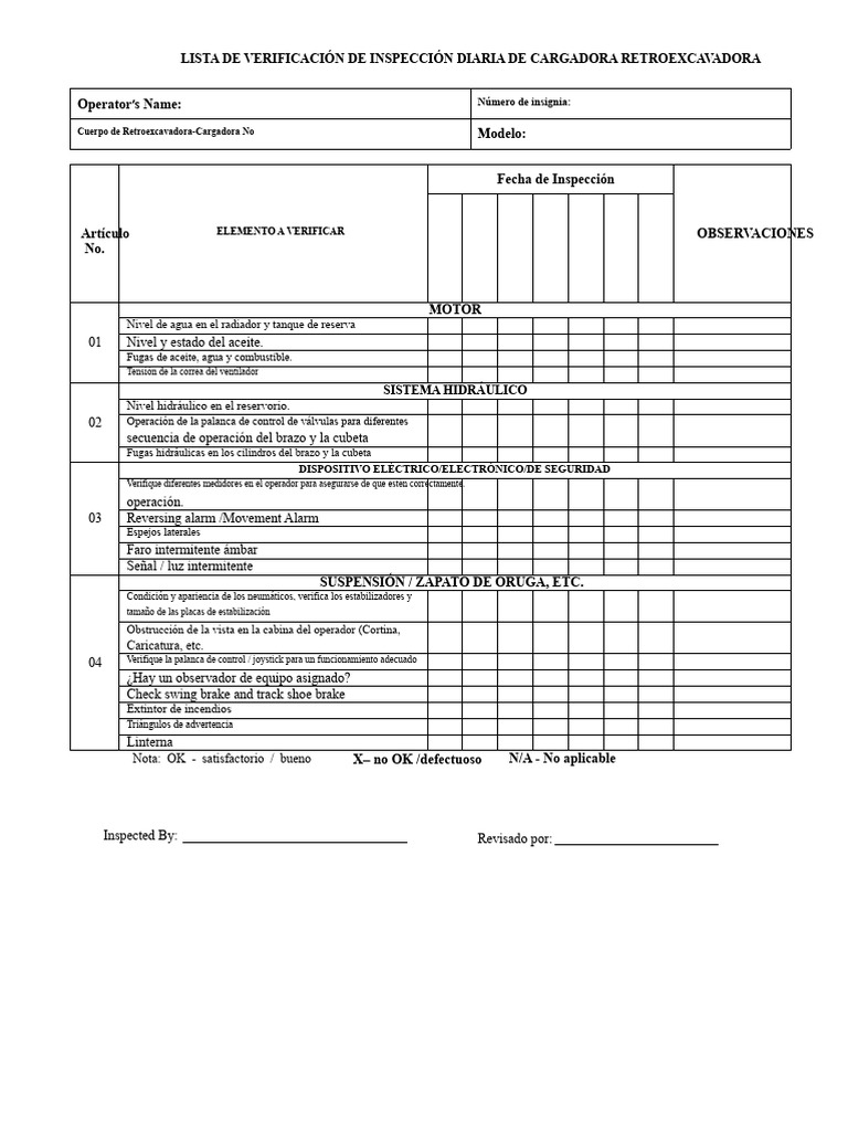 Lista de verificación de inspección de retroexcavadora | PDF
