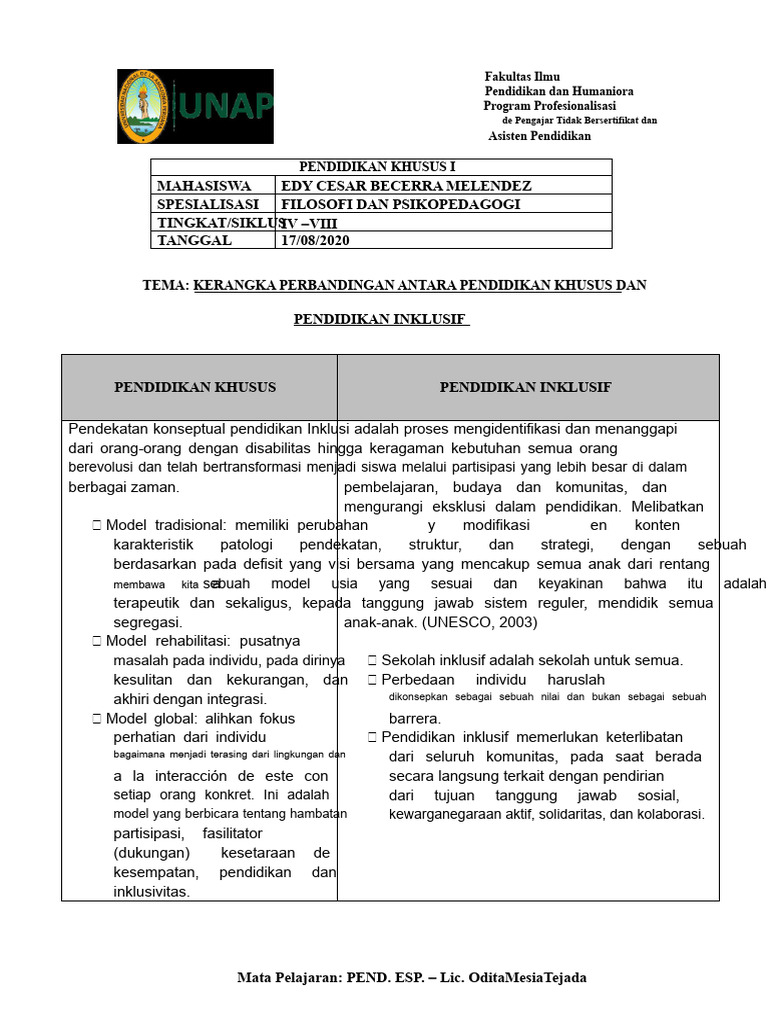 TABEL PERBANDINGAN_PENDIDIKAN KHUSUS DAN PENDIDIKAN INKLUSIF | PDF