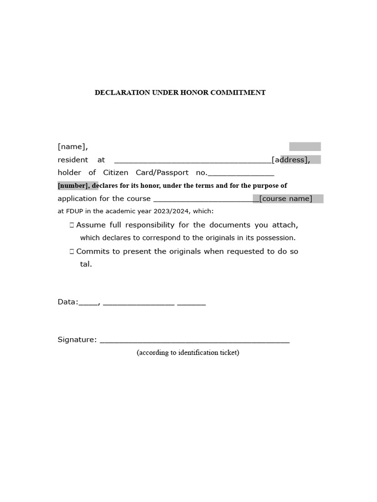 Declaration Under Honor Commitment - Original Docs 23 24 | PDF