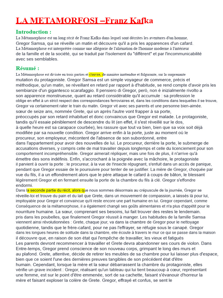 La Métamorphose de Kafka : Résumé et Analyse | PDF | La Métamorphose