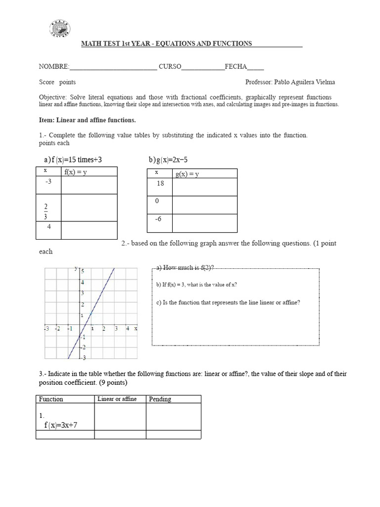 MATHEMATICAL TEST 1ST YEAR FUNCTIONS AND EQUATIONS. - copy | PDF