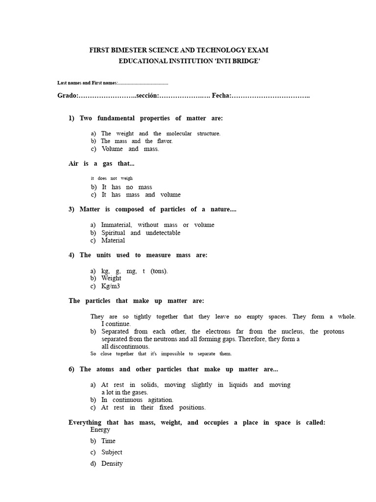 First Bimester Exam Science and Technology Third Grade | PDF