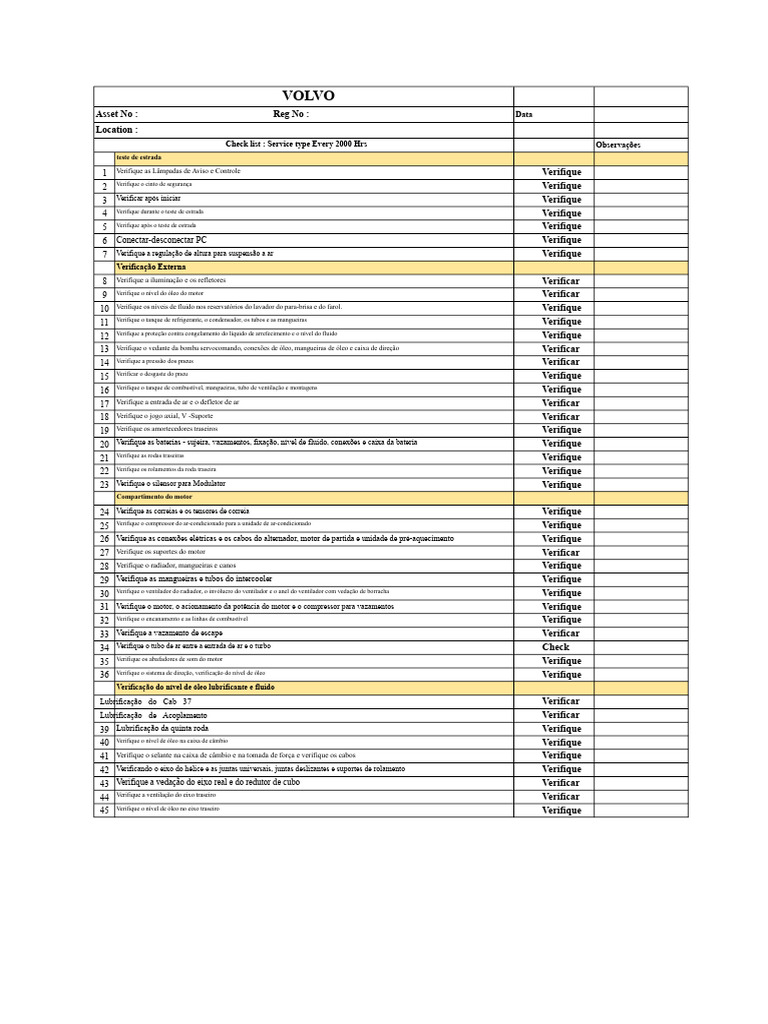 Checklist de Manutenção VOLVO 2000H | PDF | Motores | Eixo