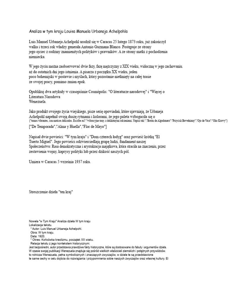 Analiza "W Tym Kraju" Luisa Manuela Urbaneja Achelpohla | PDF