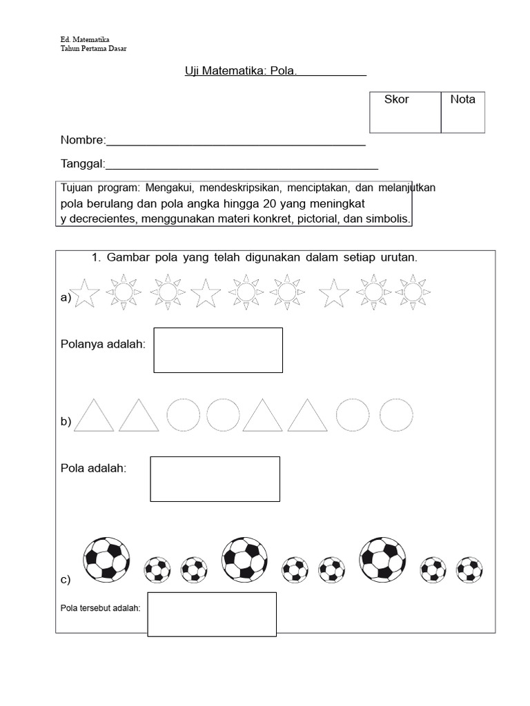 Uji Pola Matematika untuk SD Kelas 1 | PDF