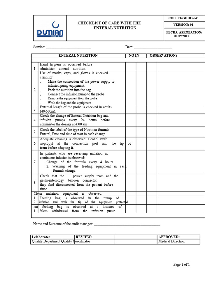Enteral Nutrition Care Checklist | PDF | Intravenous Therapy | Medical ...