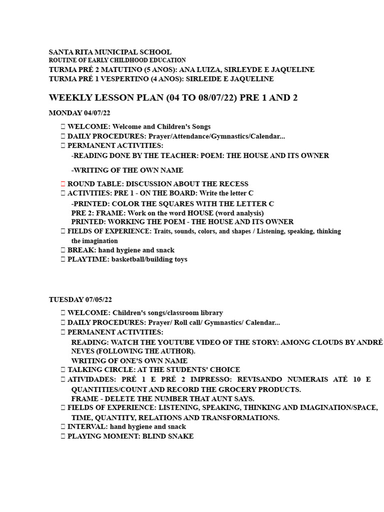 Weekly Lesson Plan for Pre 1 & 2 | PDF