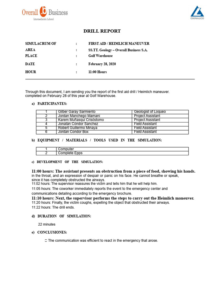 First Aid Drill Report 28-02-20 | PDF | Medical Emergencies | First Aid