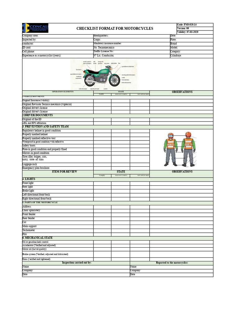 Motorcycle Inspection Checklist Template | PDF | Motorcycle | Driver's ...