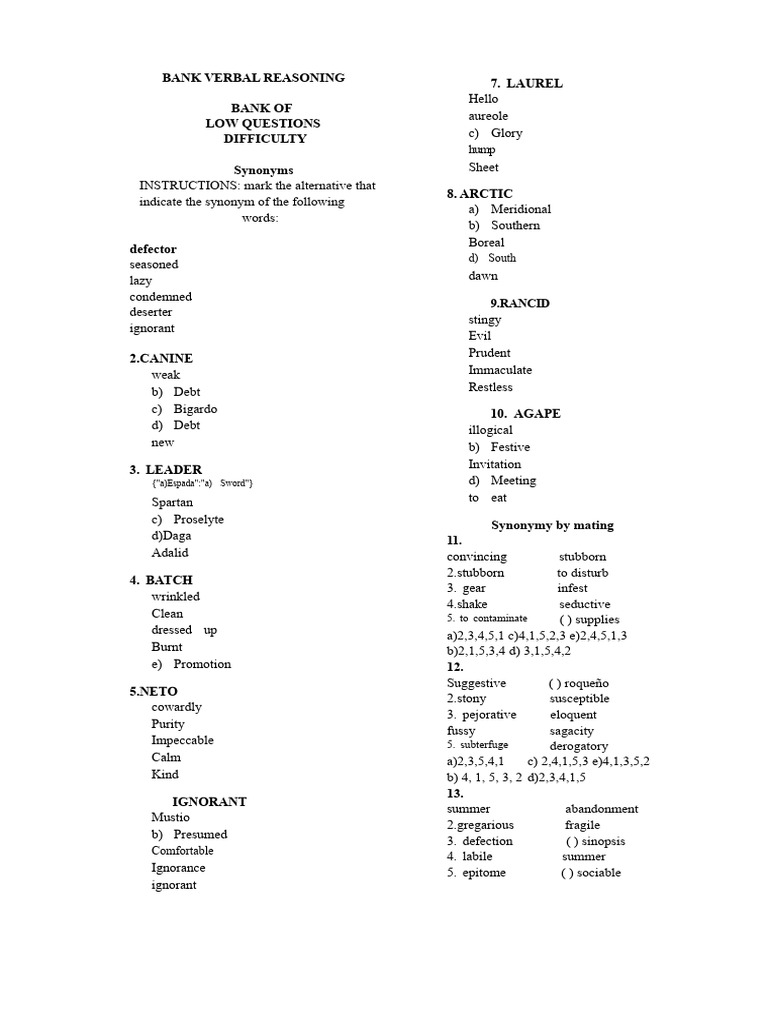 Bank Verbal Reasoning Practice Test | PDF