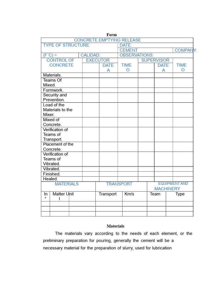 Concrete Pouring Sheet Samnell | PDF | Concrete | Building Materials