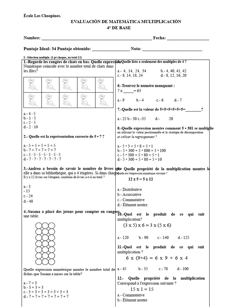 Évaluation de Multiplication 4° de Base | PDF | Multiplication ...