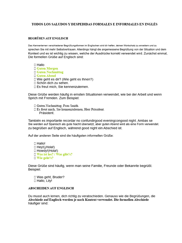 ALLE FORMELLEN UND INFORMELLEN BEGRÜSSUNGEN UND ABSCHIEDE IN ENGLISCH | PDF