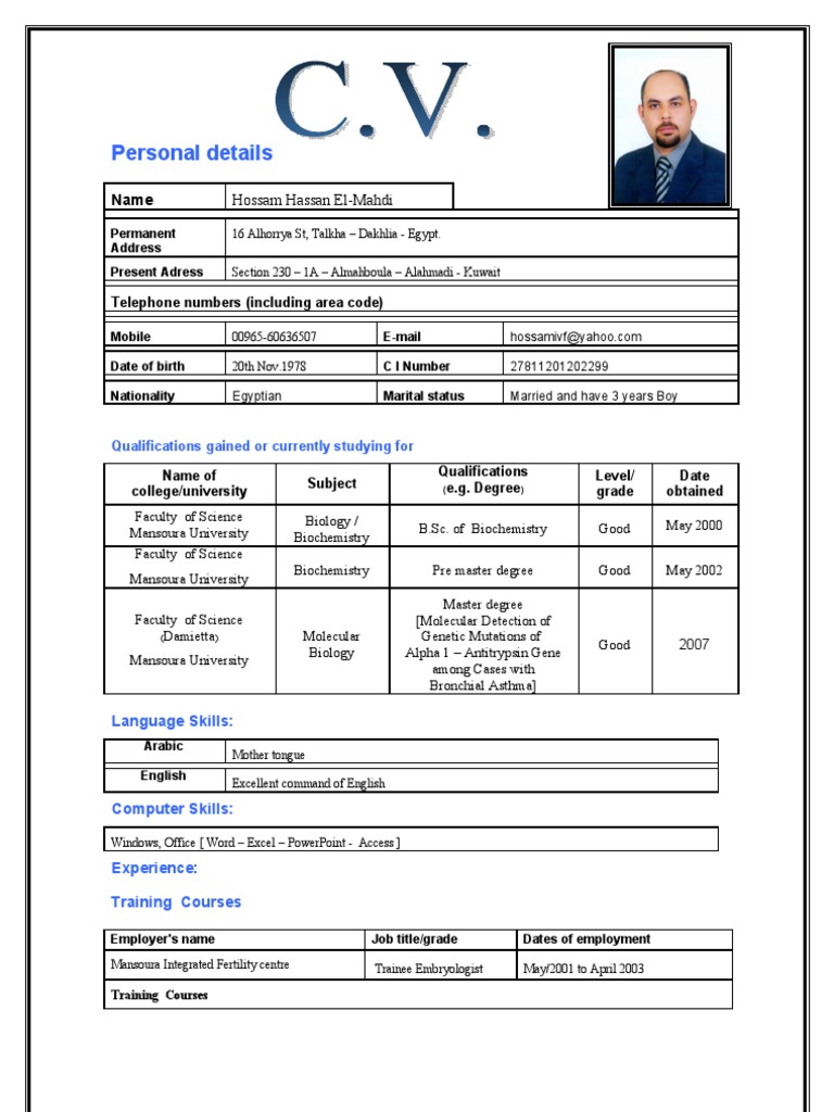 Cv Hossam Hassan Embryologist In Vitro Fertilisation Demographic