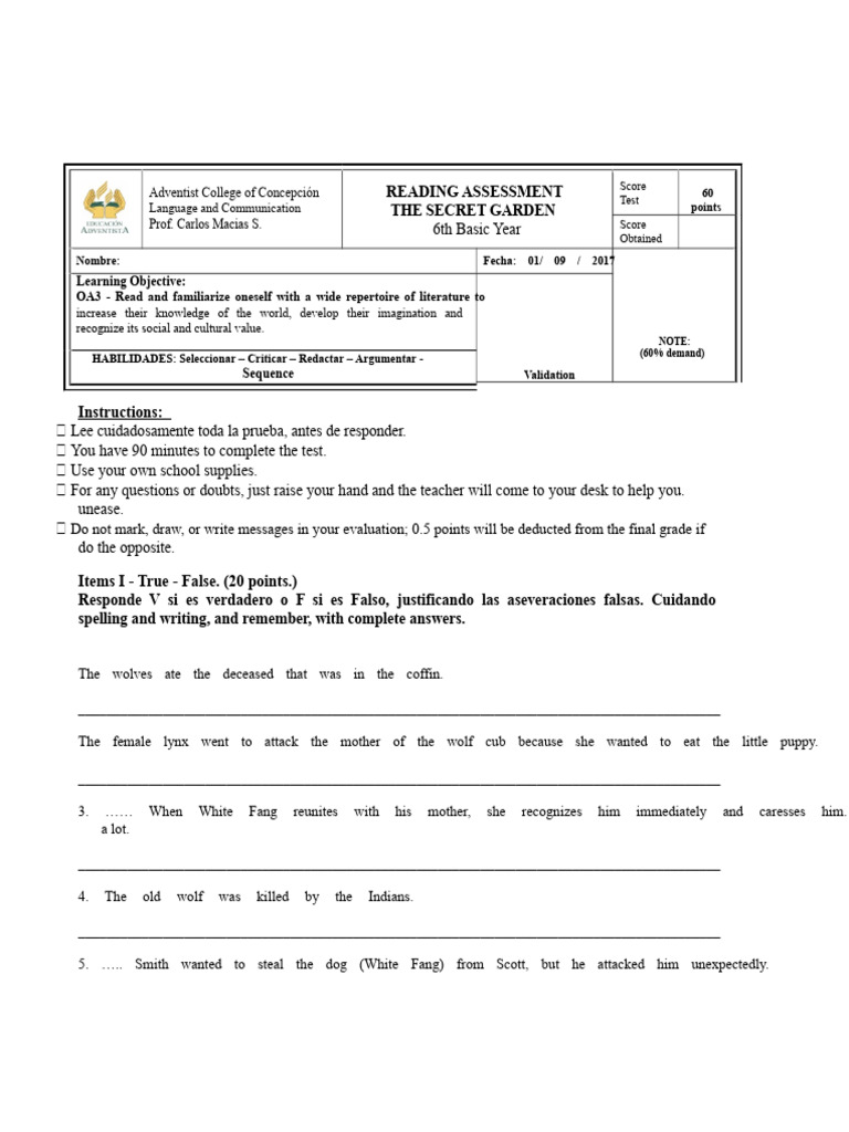 Reading Assessment: White Fang Test | PDF | White Fang