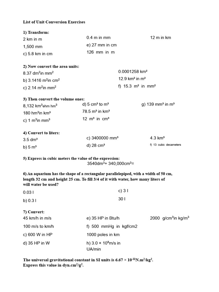 Exercises On Unit Conversion | PDF | Quantity | Units Of Measurement