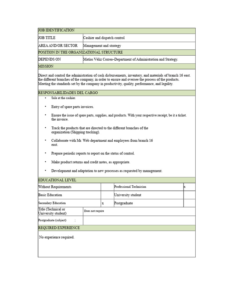 Job Position Sheet J Cashier and Dispatch Control | PDF | Economies ...
