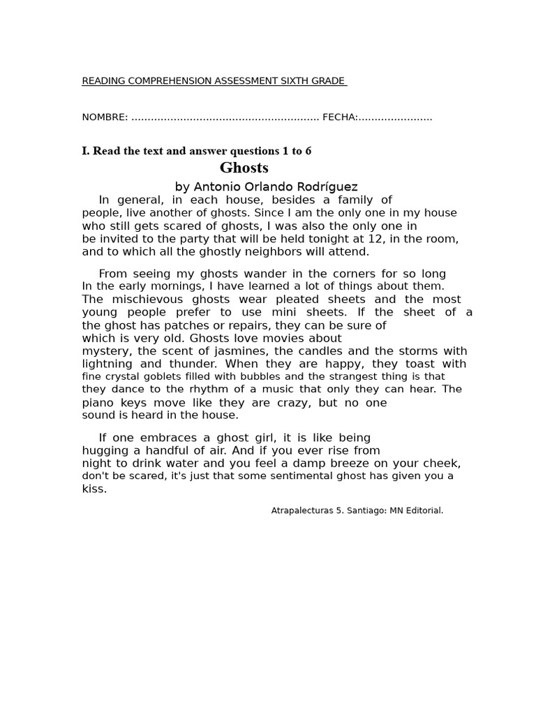 Reading Comprehension Assessment Sixth Grade | PDF