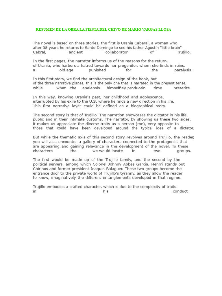Summary of The Work "The Feast of The Goat" by Mario Vargas Llosa | PDF