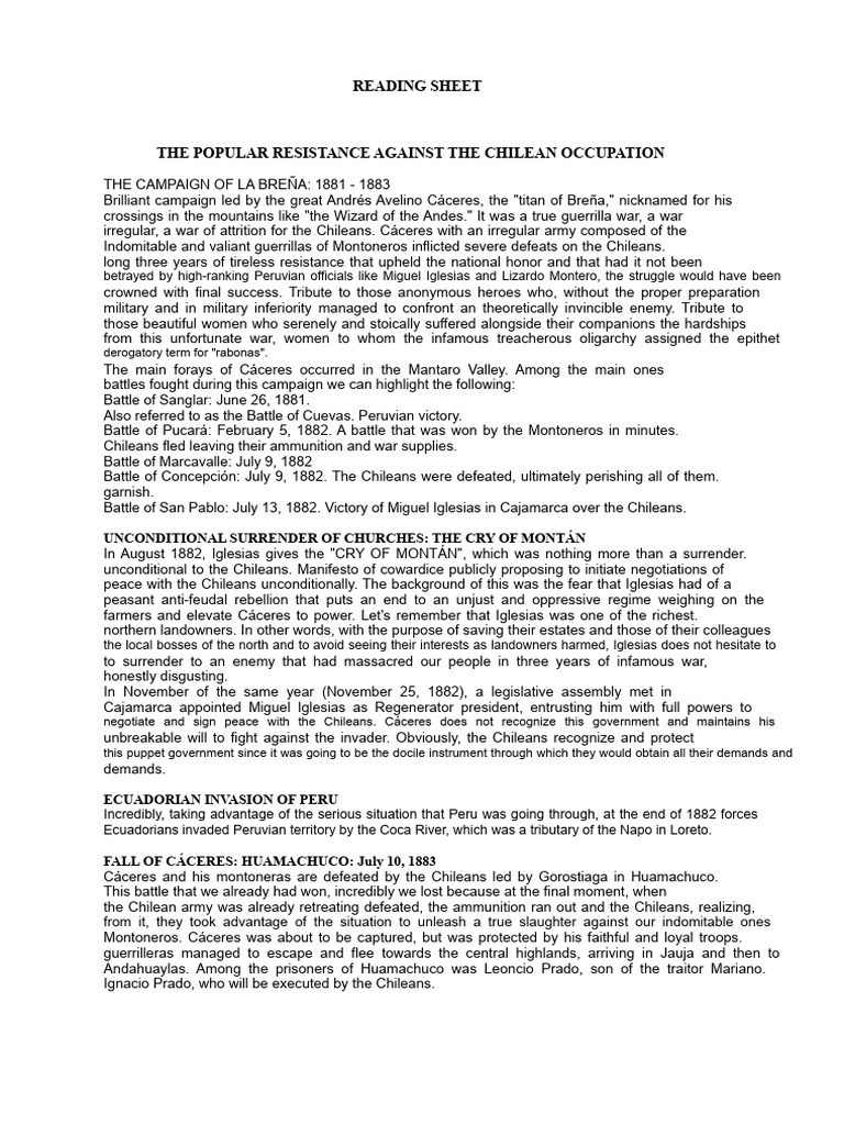 THE POPULAR RESISTANCE AGAINST THE CHILEAN OCCUPATION - CCSS 4th | PDF
