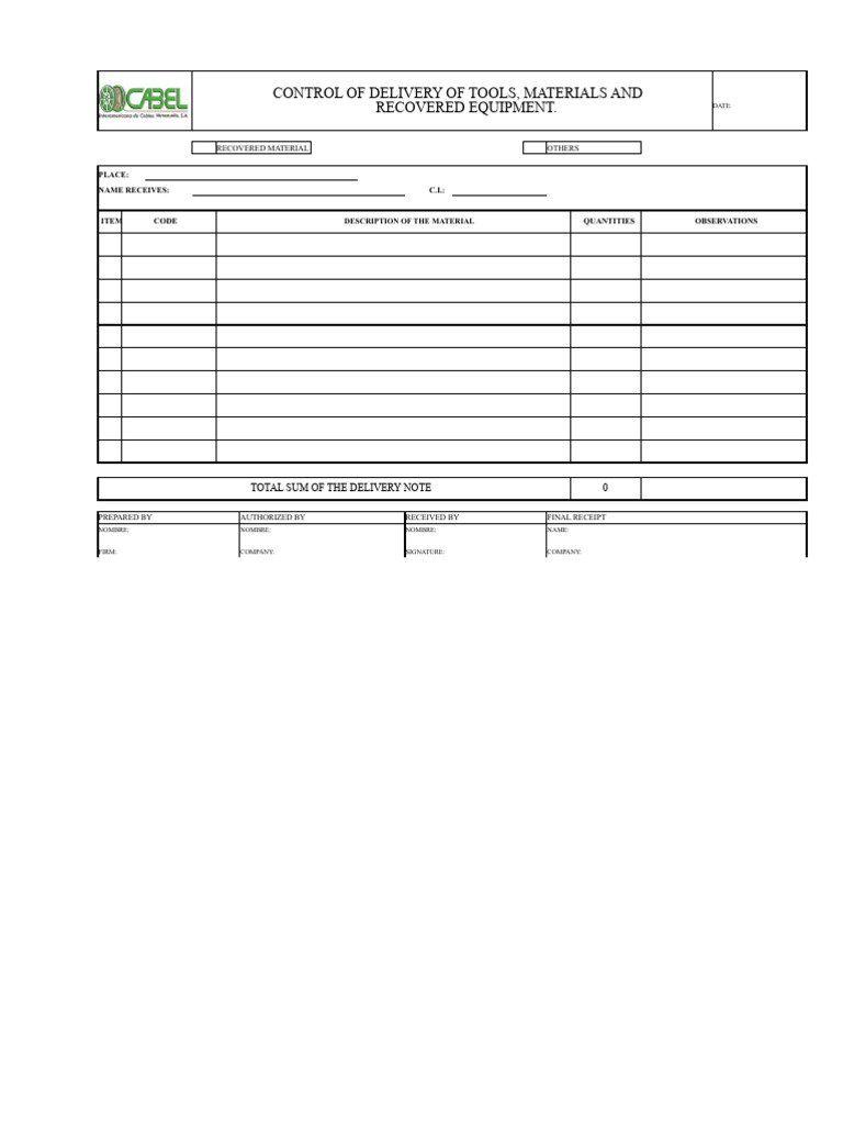 Tool and Material Delivery Control Form | PDF