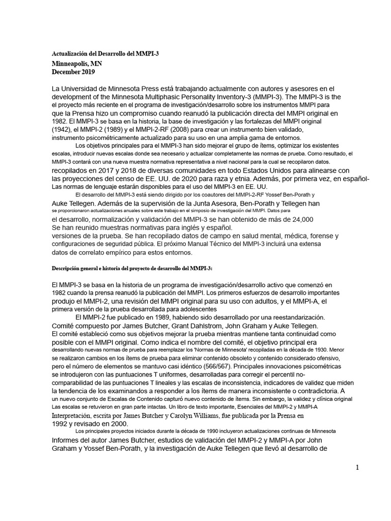 MMPI-3_Actualización_Dic-2019 | PDF | Sicología | Conceptos psicologicos