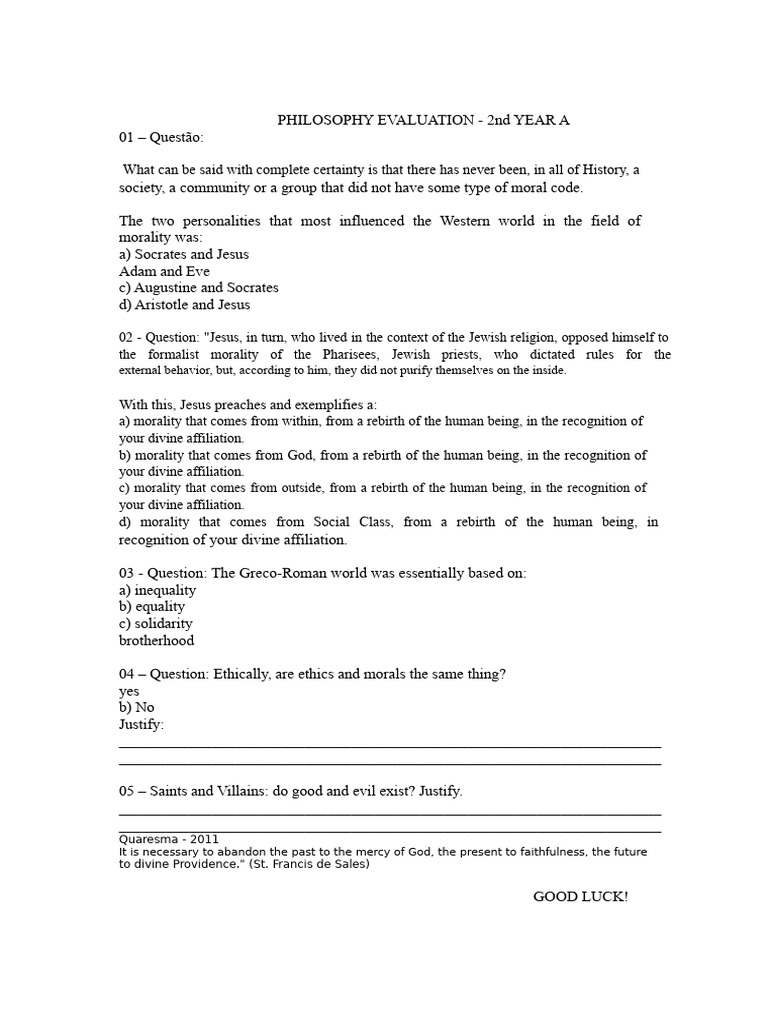 Philosophy Evaluation 1ST Bimester: 2011 - 2ND Year | PDF