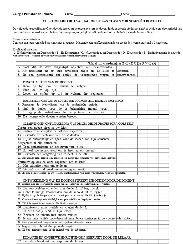 Evaluatievragenlijst Voor de Lessen en Docentenbeoordeling | PDF