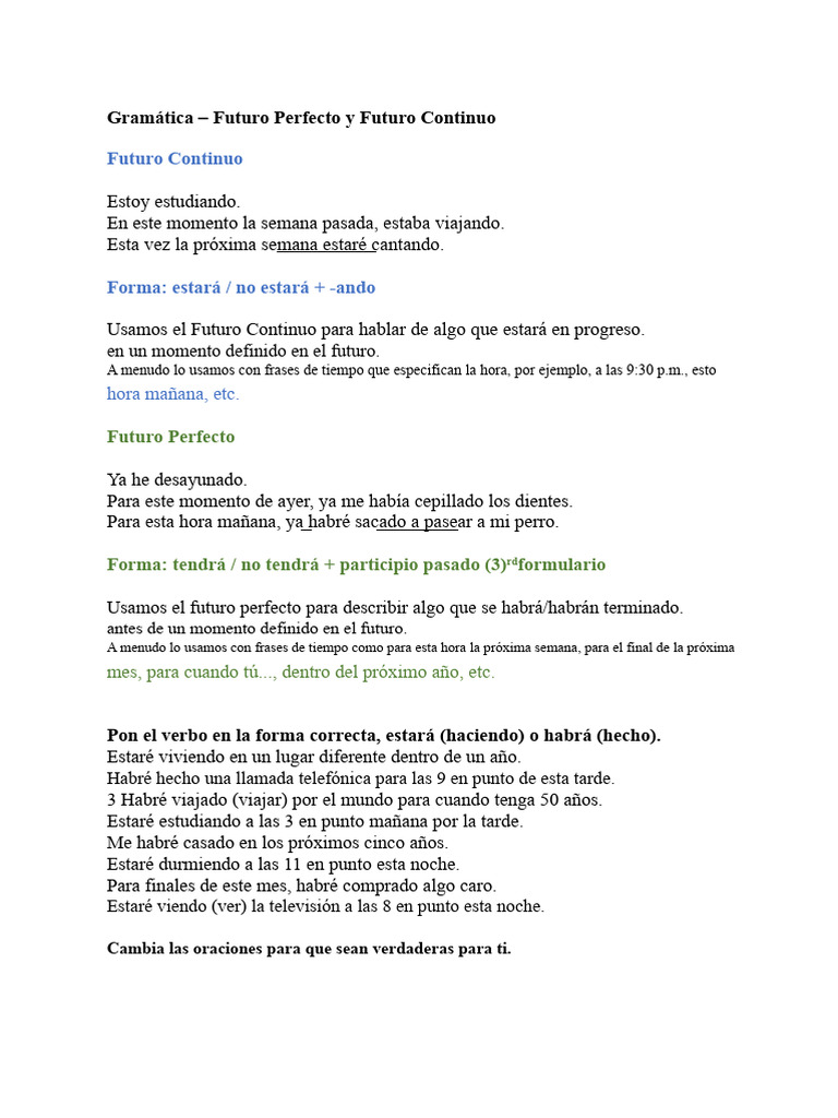 Futuro Continuo y Futuro Perfecto | PDF
