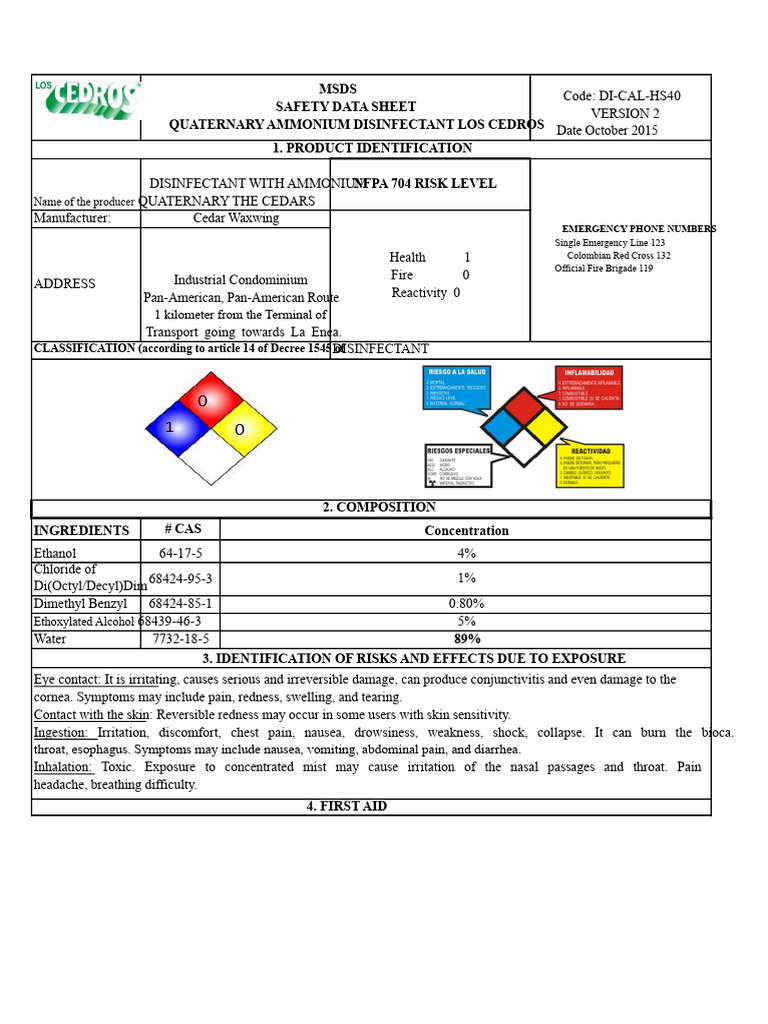 Quaternary Ammonium Disinfectant SDS | PDF | Disinfectant | Breathing