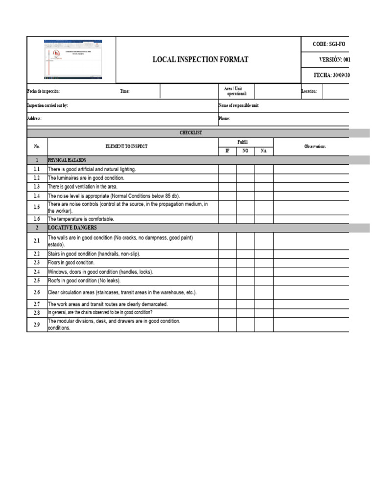 Local Inspection Safety Checklist | PDF | Occupational Safety And ...
