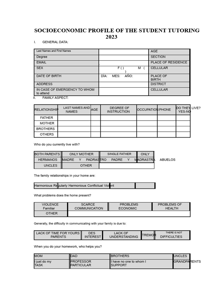Student Tutoring Socioeconomic Profile 2023 | PDF | Family | Father