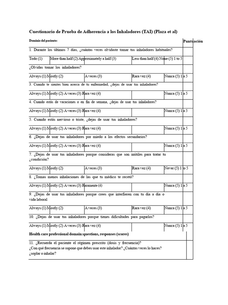 Cuestionario de Adherencia a Inhaladores | PDF | Medicina | Cuidado de ...