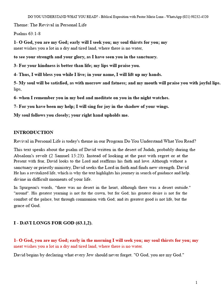 The Revival in Personal Life - Ps 63:1-8 - Do You Understand What You ...