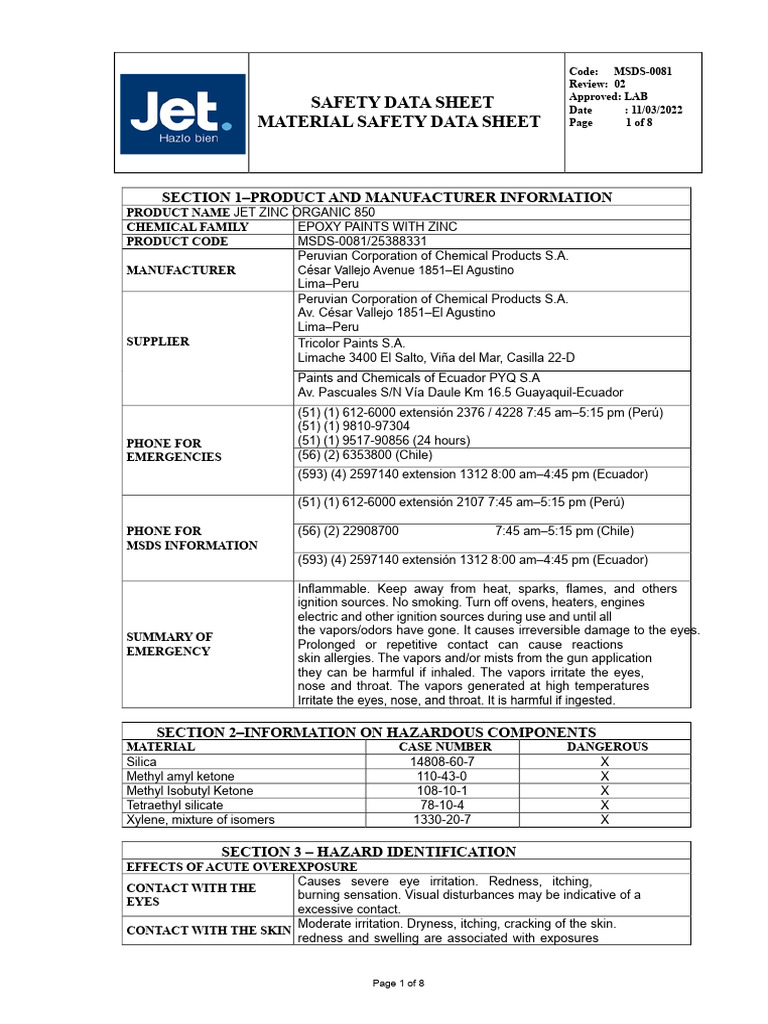 Msds-0081 Jet Zinc Organic 850 | PDF | Volatile Organic Compound ...