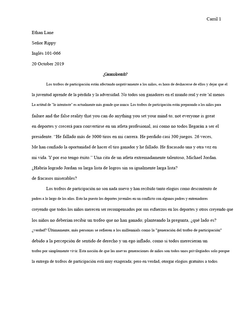 Ensayo Persuasivo Sobre Los Trofeos de Participación | PDF ...