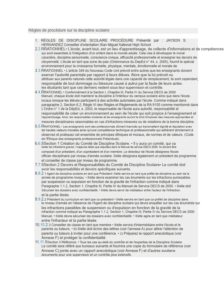 Règles de Procédure de Discipline Scolaire | PDF | Moralité | Apprentissage