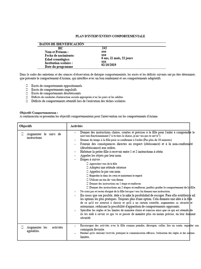 Plan d'intervention comportementale pour Ariana | PDF | Psychologie