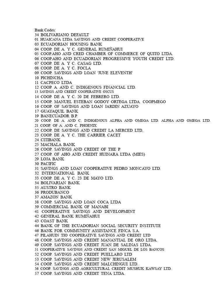Bank Codes SAT BOLIVARIANO | PDF | Ecuador