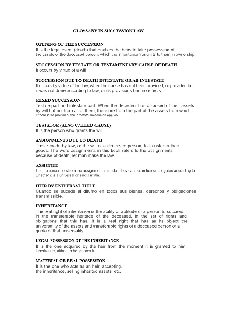 Succession Law Glossary Explained | PDF | Will And Testament | Intestacy