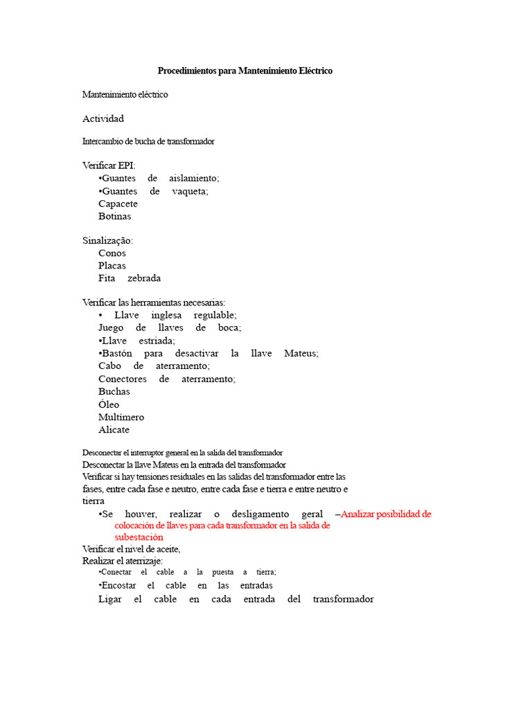 Procedimientos de seguridad para Mantenimiento Eléctrico - Cambio de buje de transformador | PDF