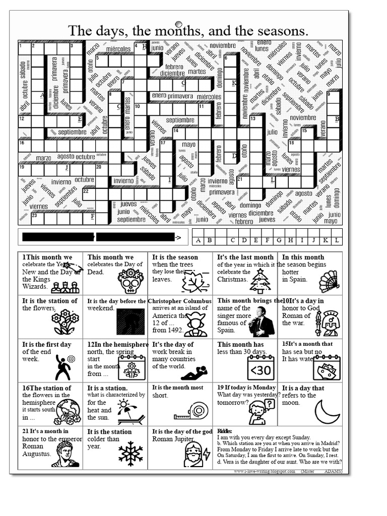 Crossword Days Months Seasons BW Student Sheet WoR19r | PDF