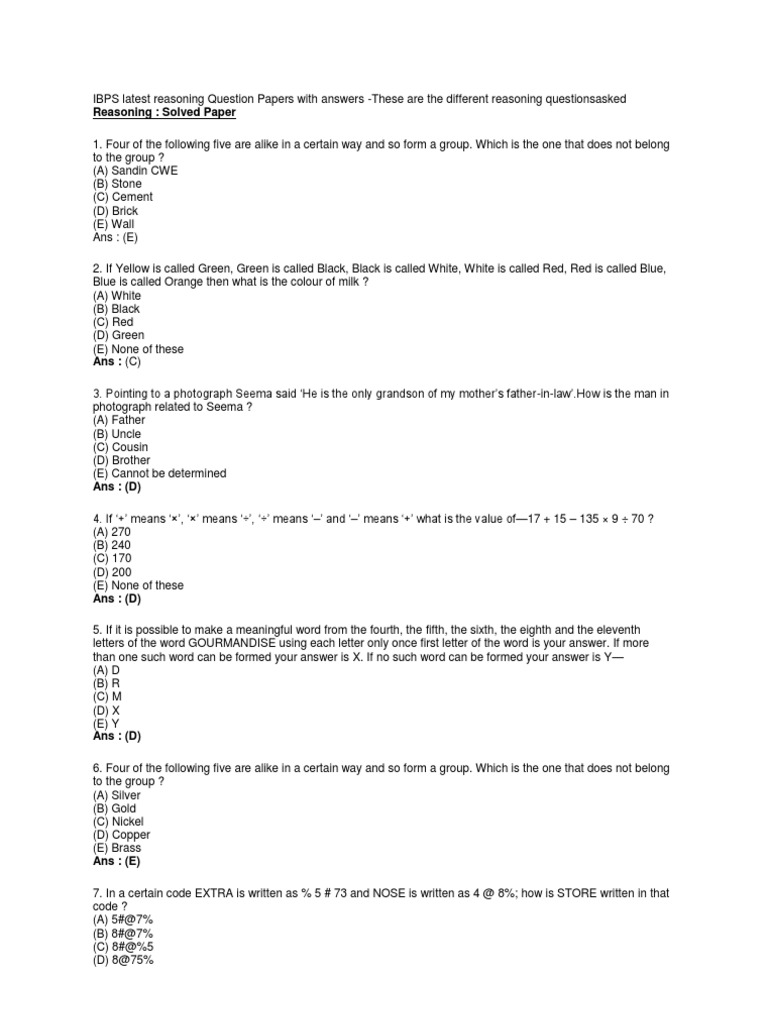 IBPS Latest Reasoning Question Papers With Answers | PDF | Bios ...