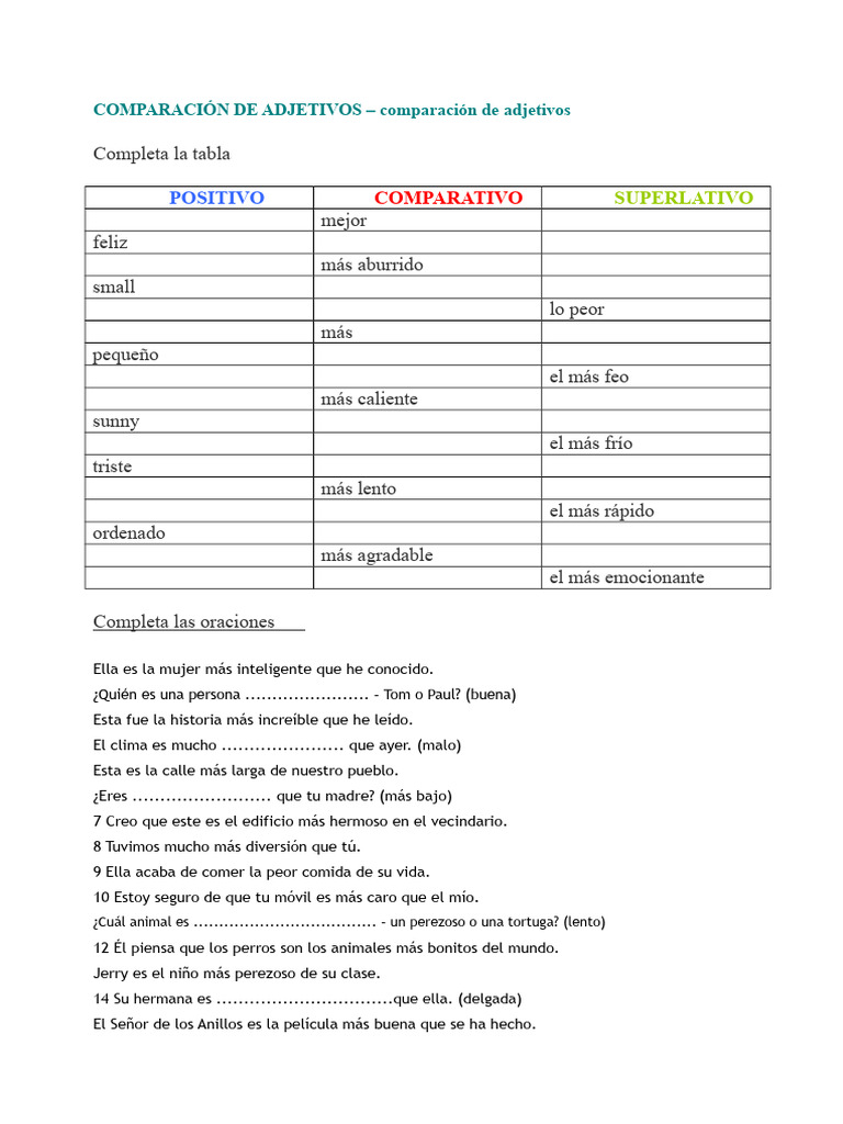 Comparación de Adjetivos en Español | PDF