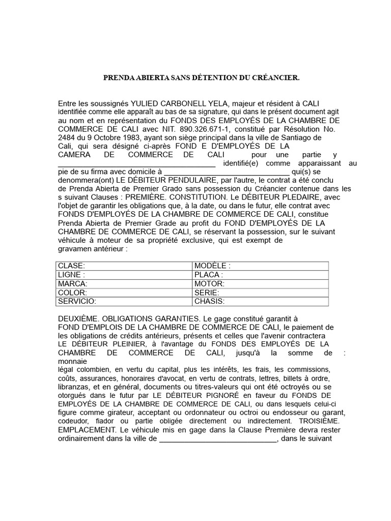 Contrat de Prenda Abierta en Colombie | PDF | Crédit | Finance et ...