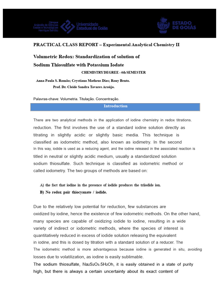Volumetric Oxidation-Reduction - Thiosulfate with Iodate | PDF | Iodine | Titration