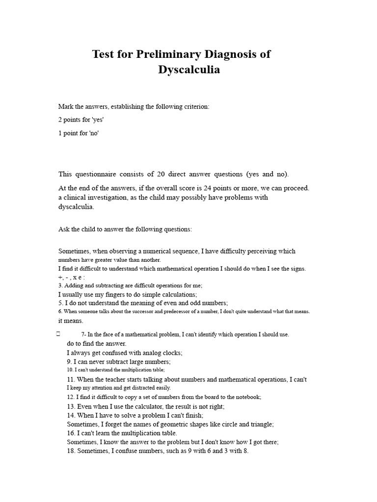 Dyscalculia Preliminary Diagnosis Test | PDF