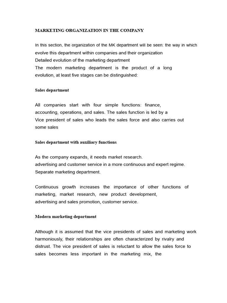 Unit II Organization of Marketing in The Company | PDF | Marketing | Sales
