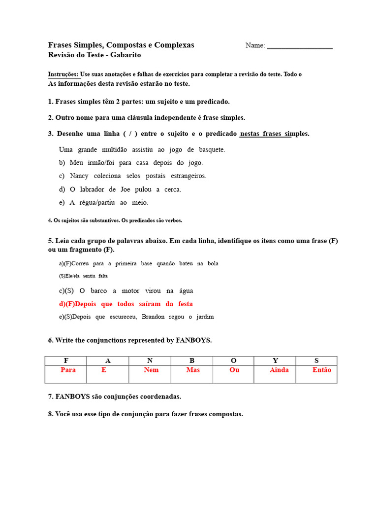 Revisão Do Teste de Frases Simples, Compostas e Complexas - Gabarito | PDF